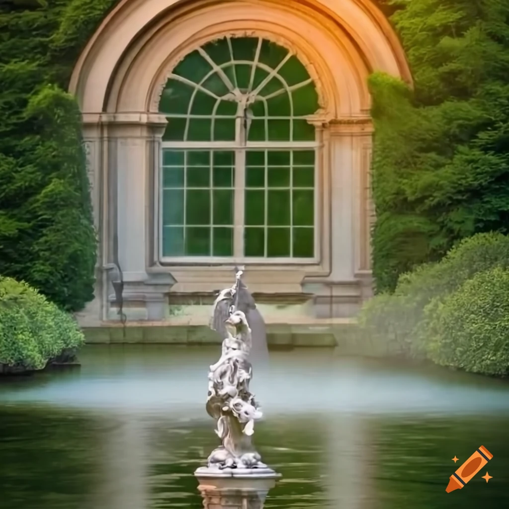 Silver angel statue in a rococo garden on Craiyon