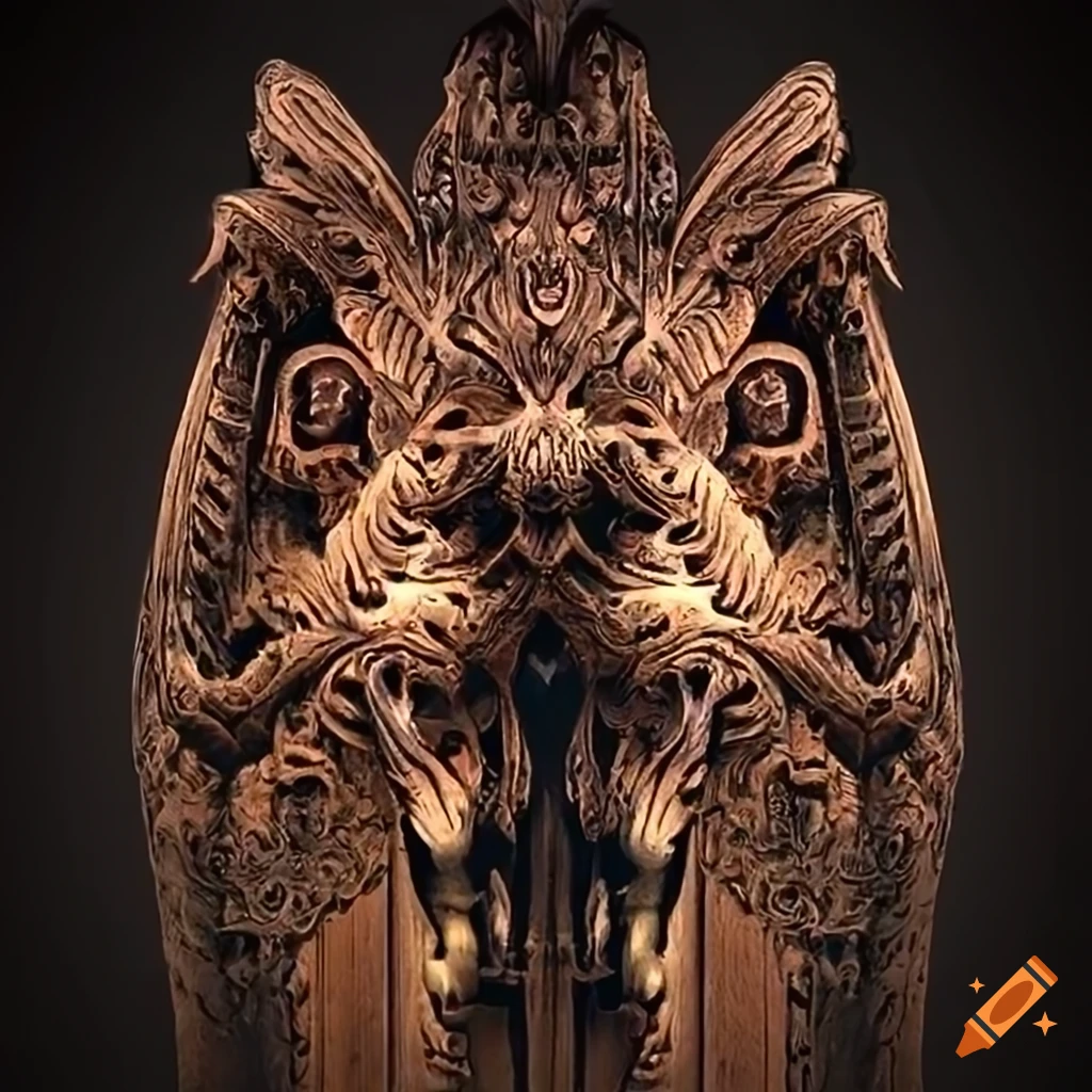 Detailed carving of a moth werewolf motif on Craiyon
