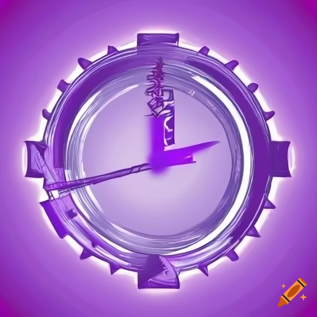 Purple gear-shaped abstract with clock hands pointing upwards on Craiyon