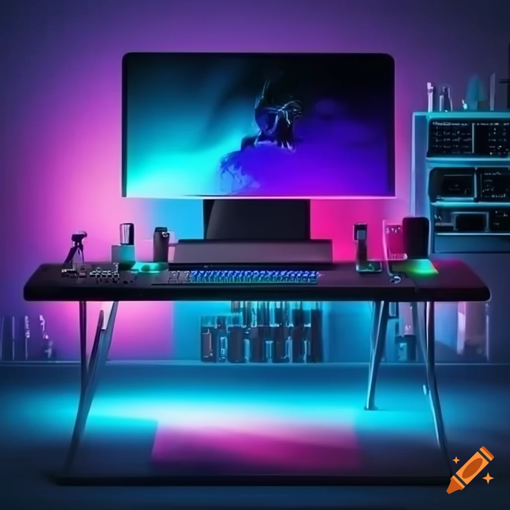 Colorful and organized gaming desk setup on Craiyon