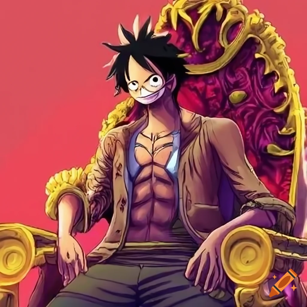 Art of Luffy sitting on a throne in a suit and tie on Craiyon