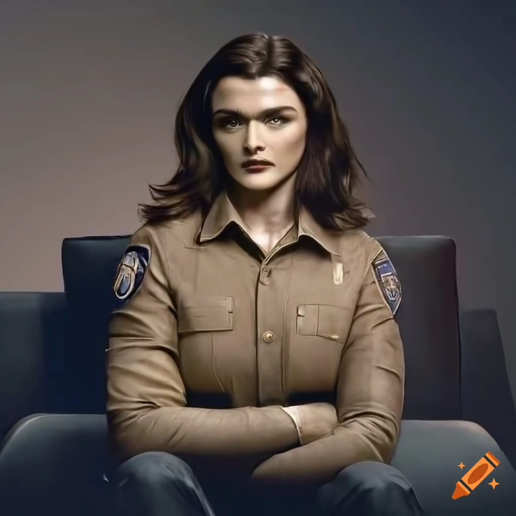 Hyperrealistic artwork of officer Rachel Weisz sitting relaxed on a ...
