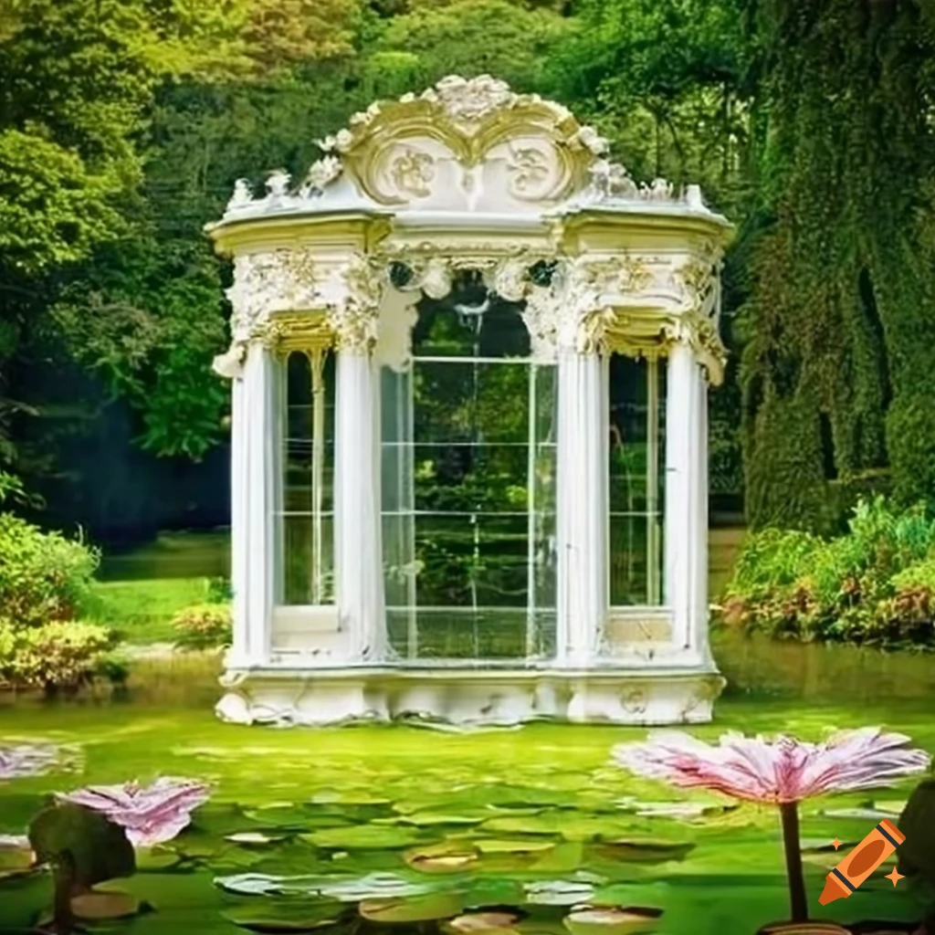 Rococo-style garden with tall windows and white pillars on Craiyon