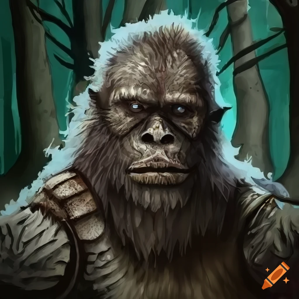 Aquarelle portrait of a Bigfoot warrior in bone armor on Craiyon