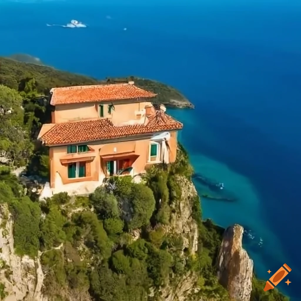 Aerial view of an Italian coastal villa surrounded by mountains and ...