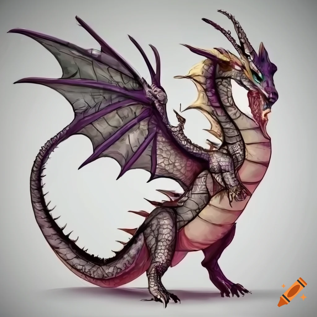 Detailed side view illustration of a full-bodied dragon with wings on ...