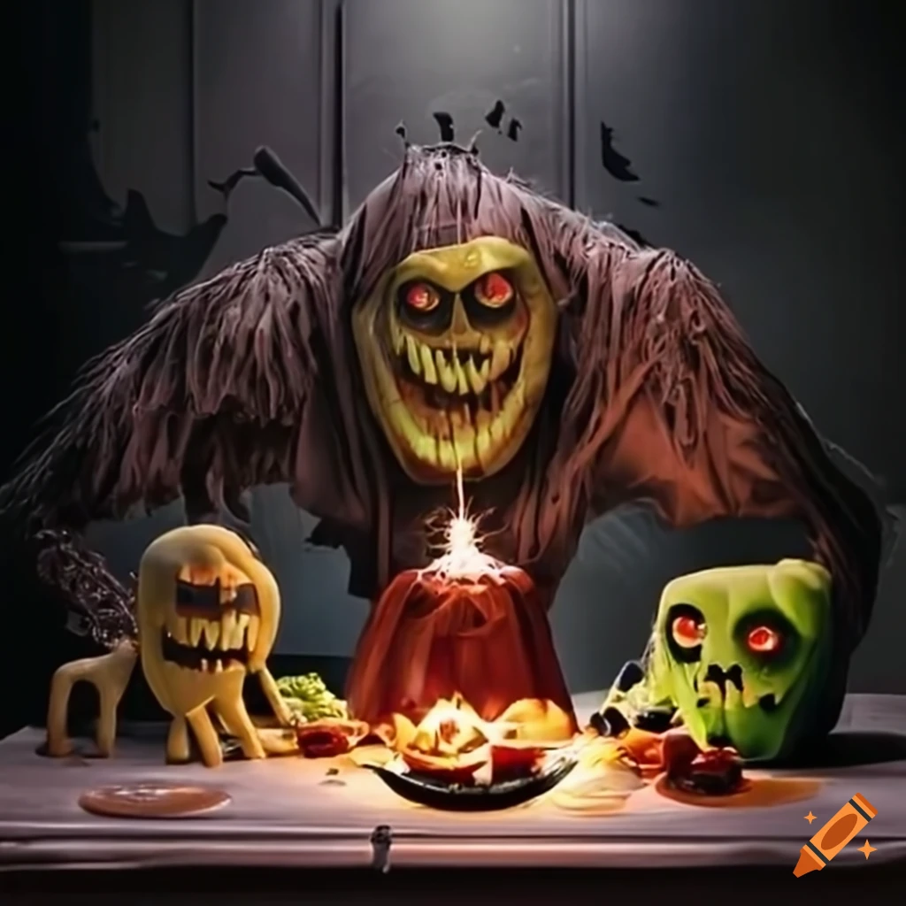 Halloween monsters having dinner on Craiyon