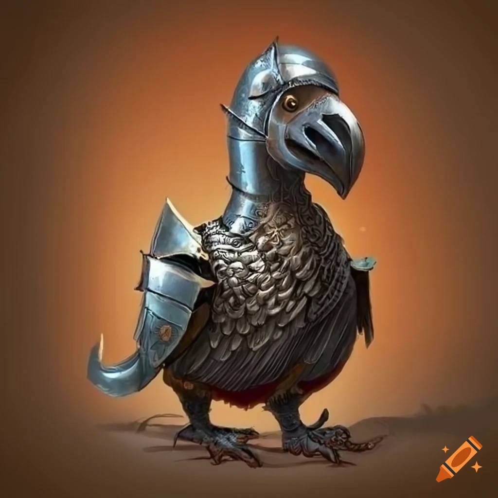 Illustration of a dodo bird in knight armor on Craiyon