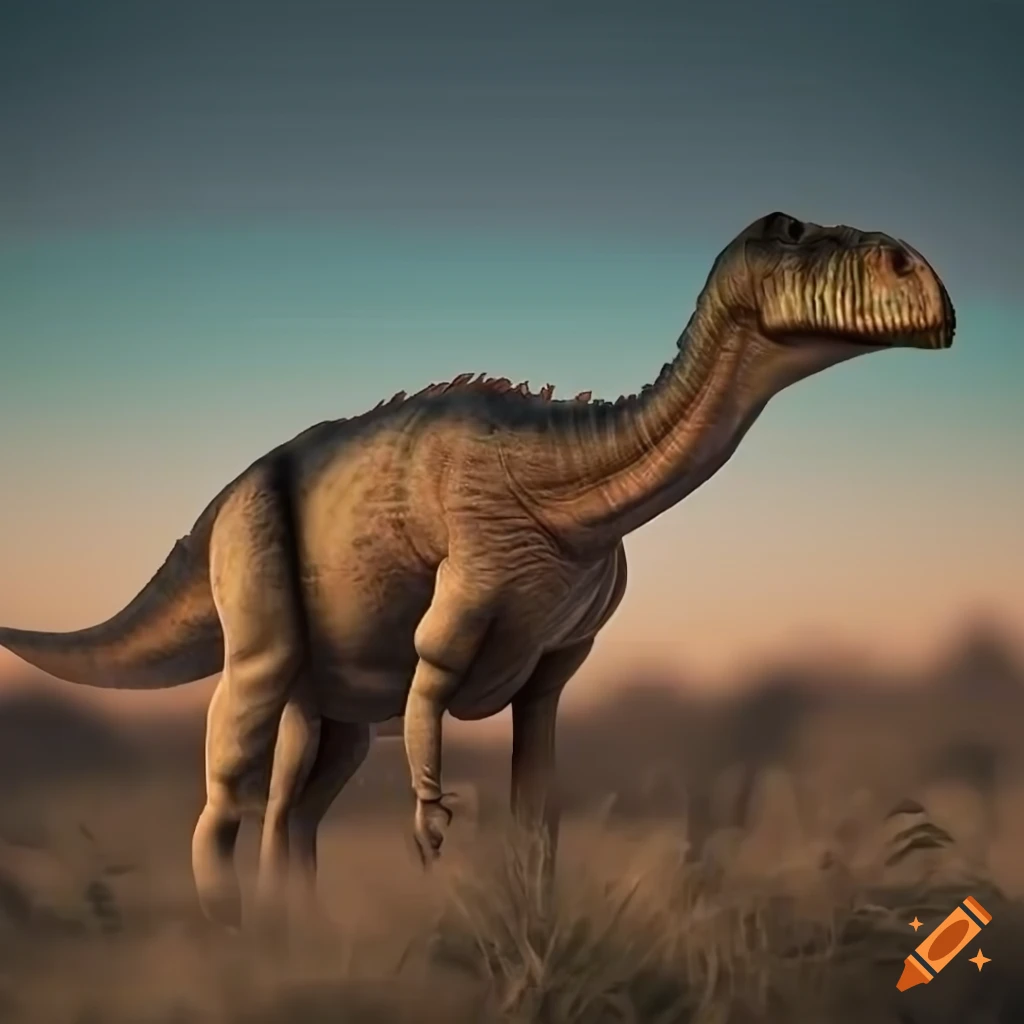 Accurate paleoart of a hadrosaur dinosaur in a bushy landscape on Craiyon
