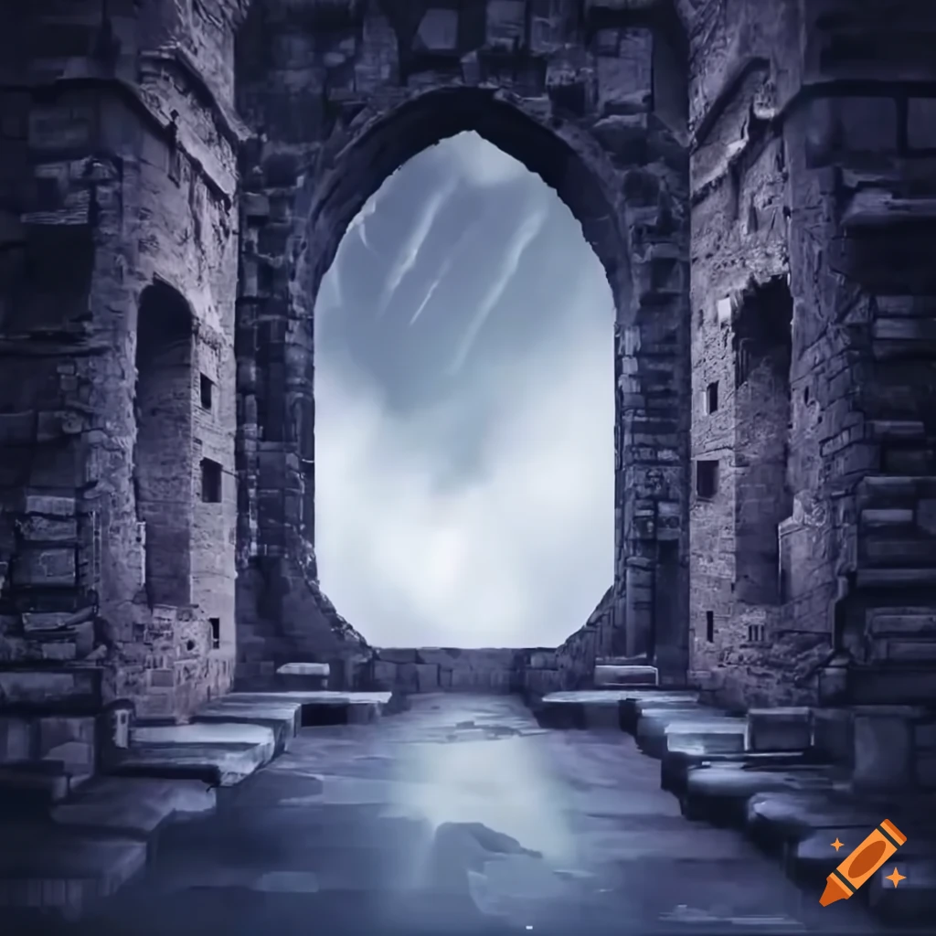 Inside view of a castle ruin during a storm on Craiyon