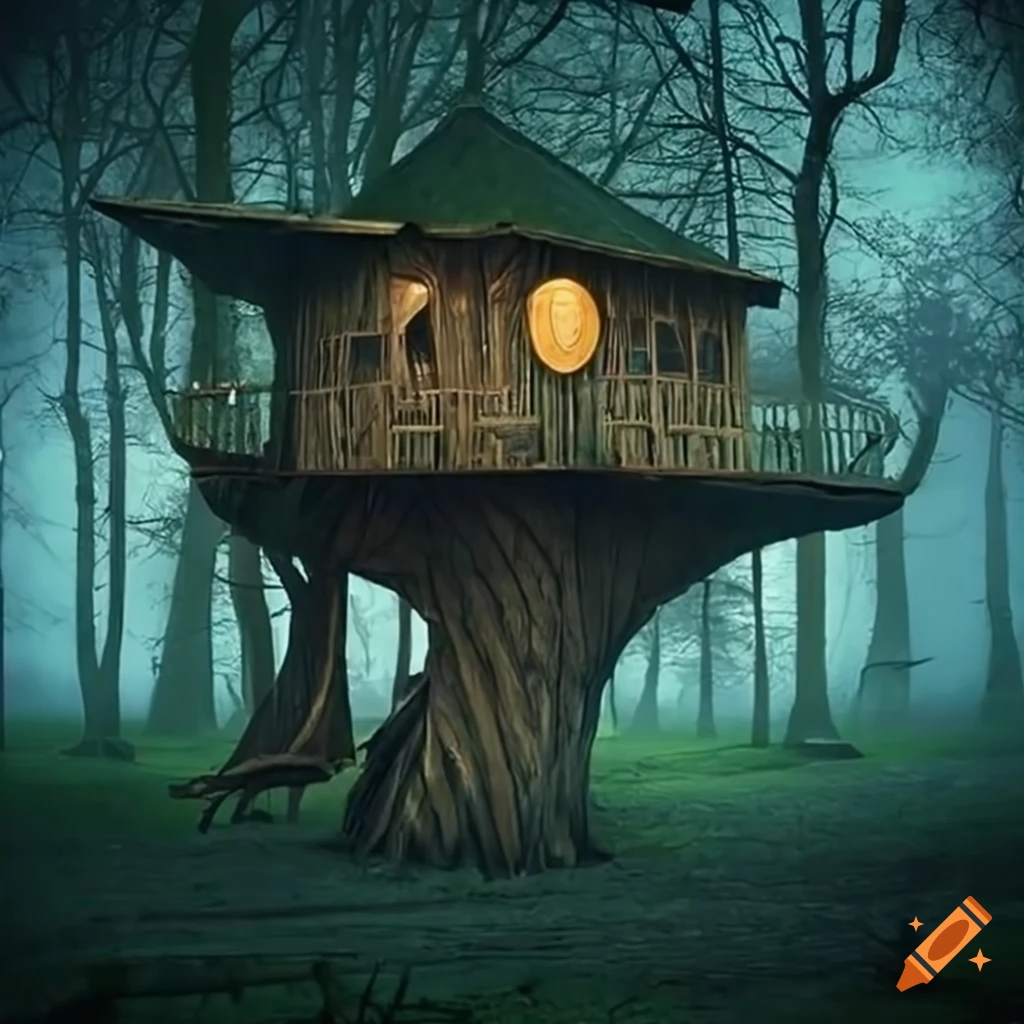 Image of a hidden treehouse library in the dark woods on Craiyon