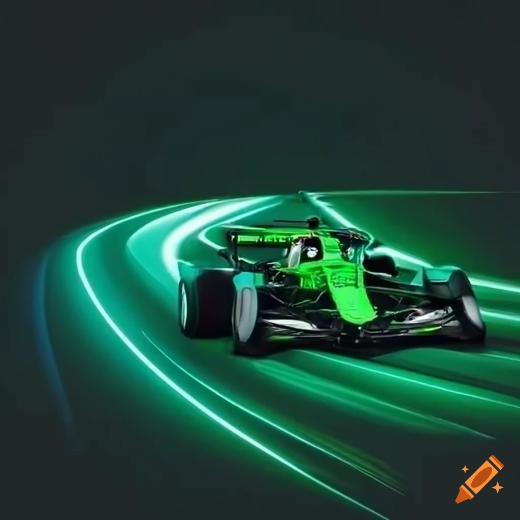 Futuristic green formula 1 car racing on shimmering asphalt on Craiyon