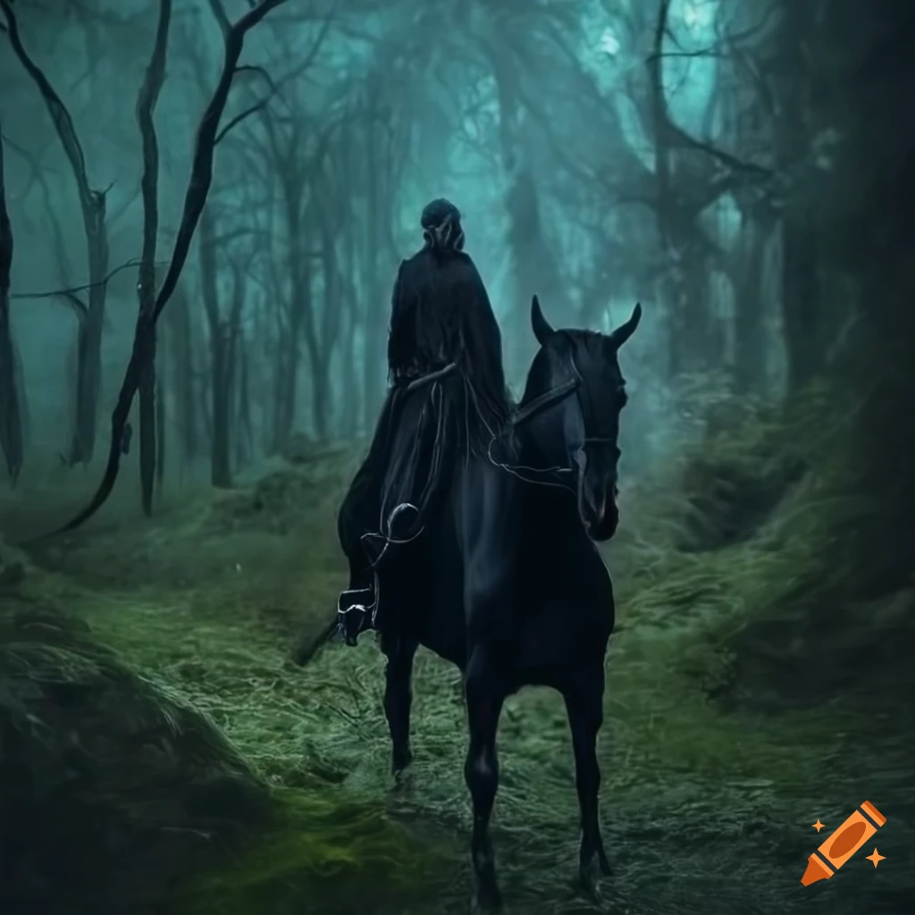 Hyperrealistic photo of Myrddraal from Wheel of Time riding black horse ...