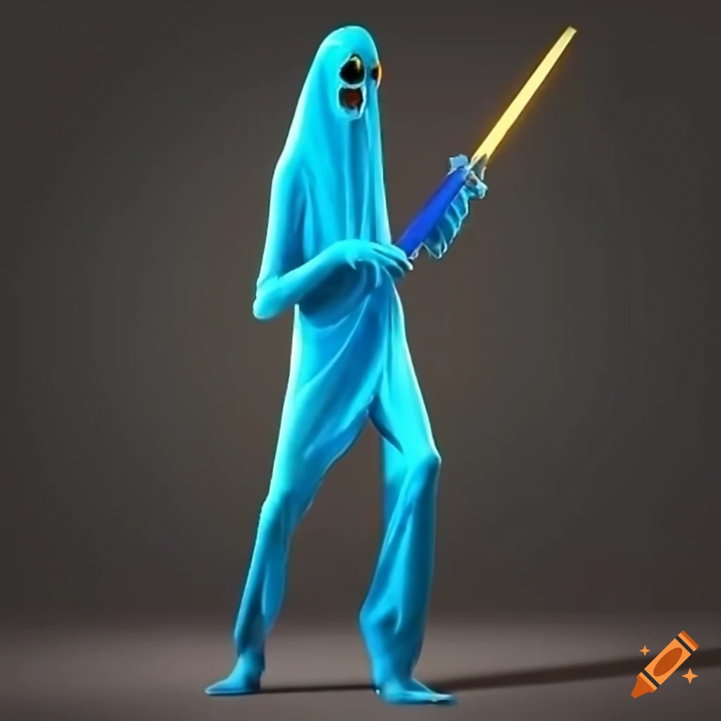 Illustration of a blue ghost man with sword and glasses on Craiyon