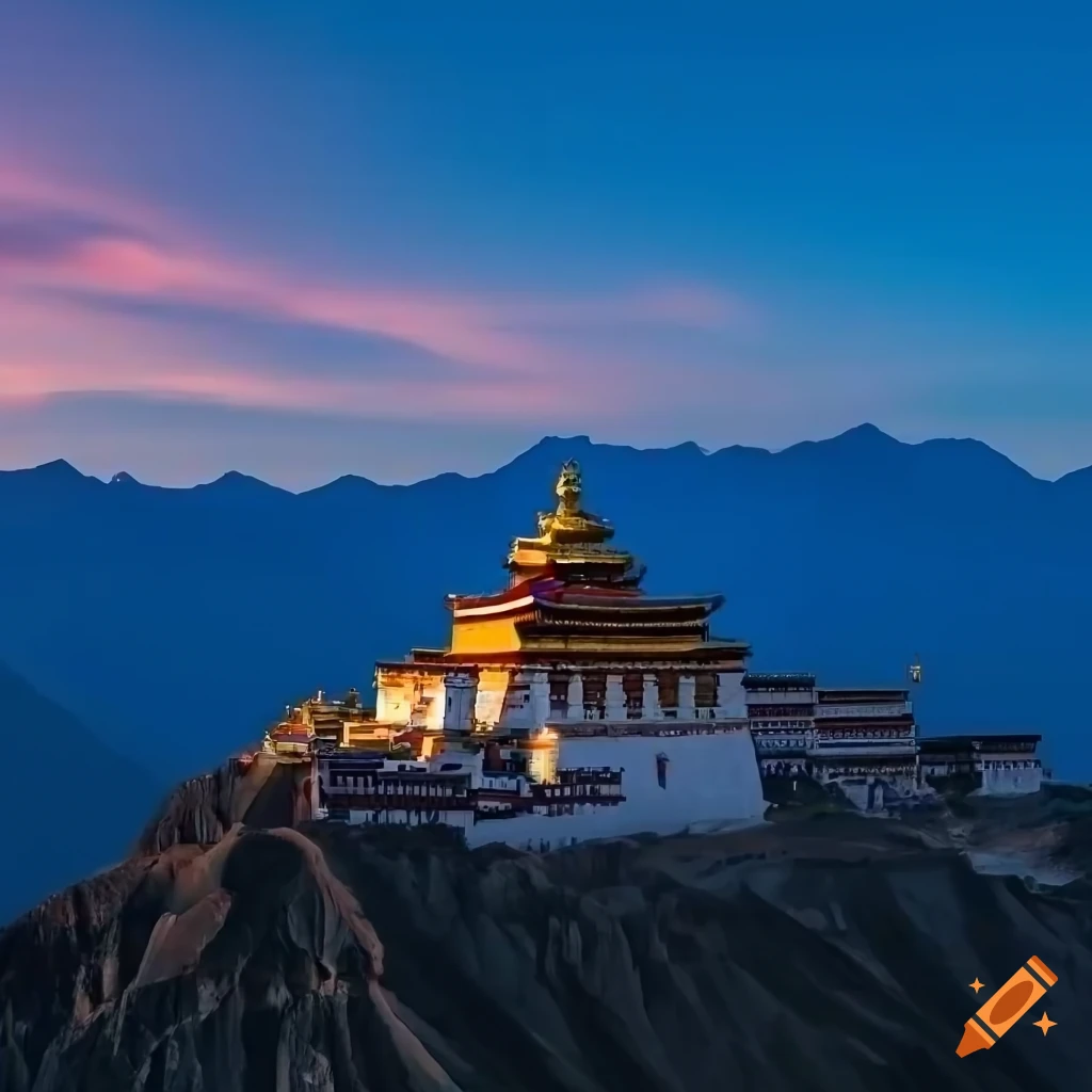 View of a serene Buddhist temple in Tibetan mountains on Craiyon