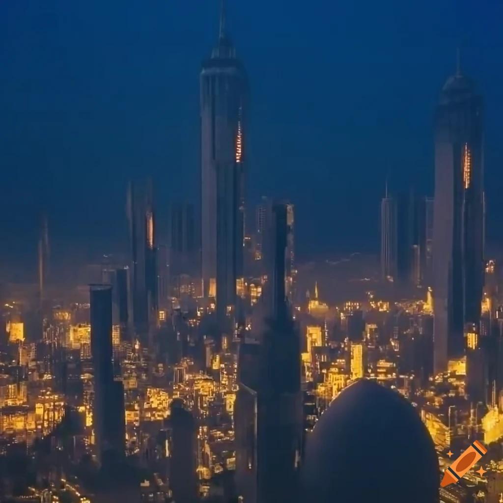 Dystopian cityscape at dusk with high rise buildings and stone dome on ...