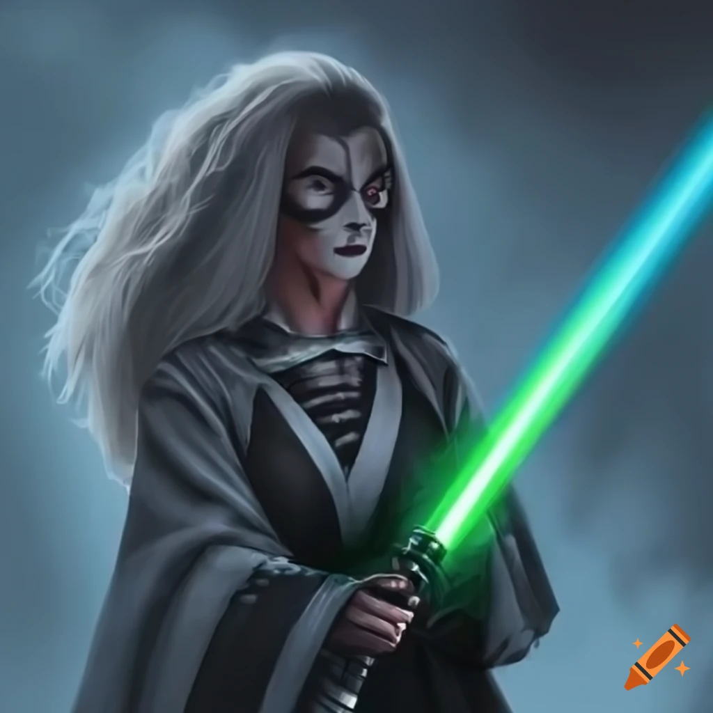 Artwork of a female jedi valkyrie fighting clown demons on Craiyon