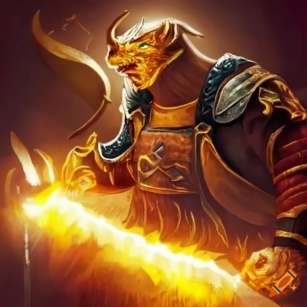 Image of a Gold Dragonborn blacksmith creating weapons on Craiyon