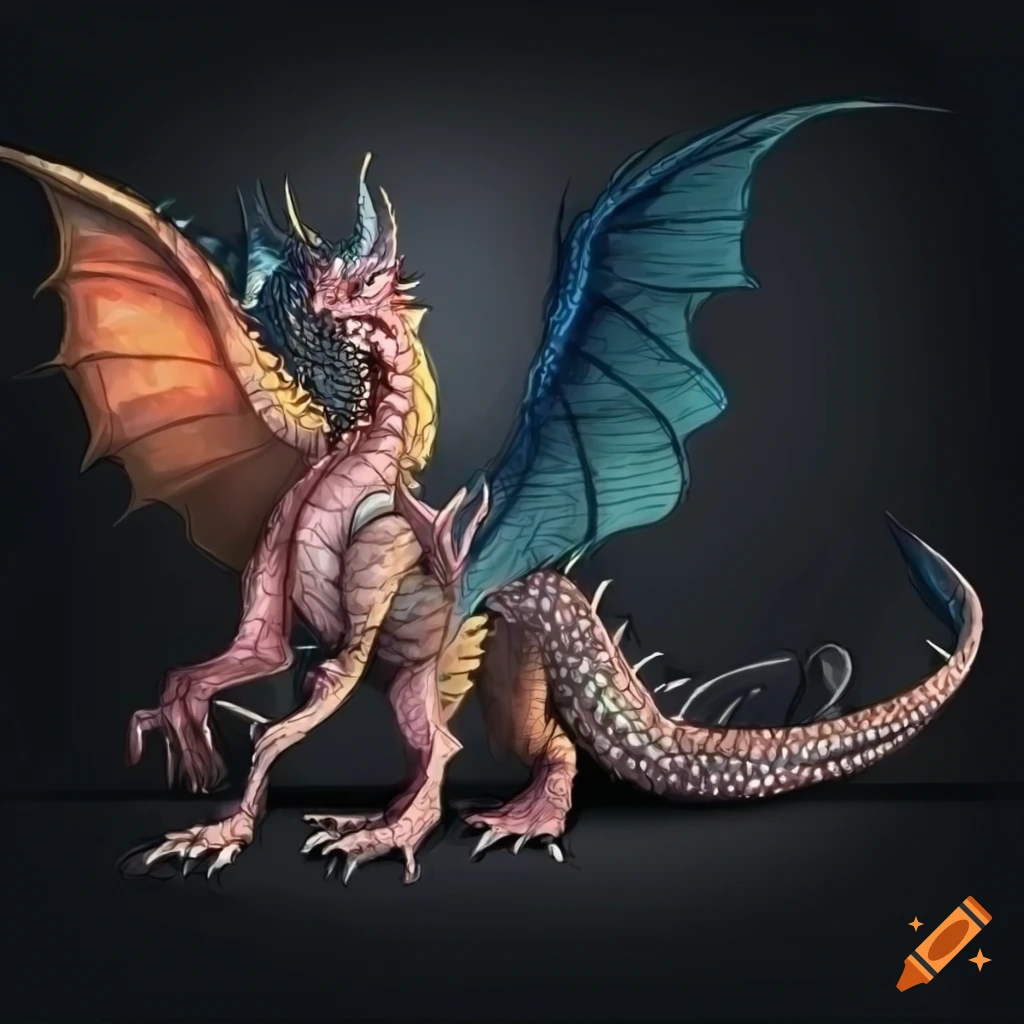 Detailed side view illustration of a dragon with wings and four legs on ...