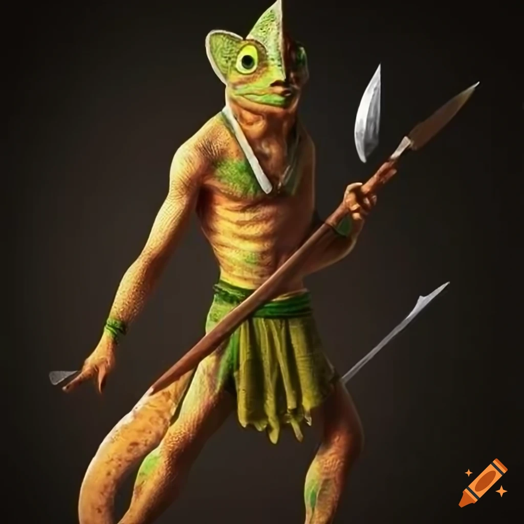Illustration of a chameleon warrior in traditional attire on Craiyon