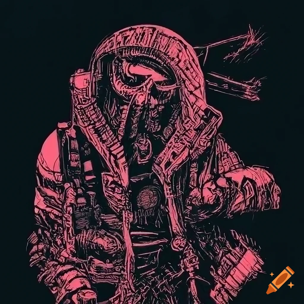 Cyberpunk ink drawing of a burned hacker on Craiyon