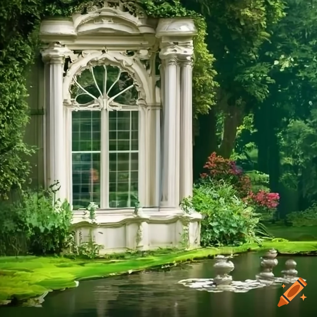 Rococo style garden with tall windows and altar on Craiyon