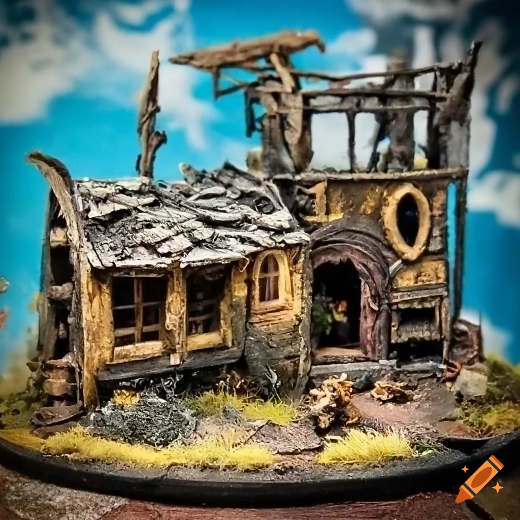 Post apocalyptic witch house inside a diorama on Craiyon