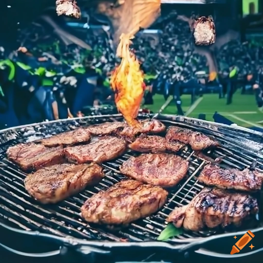 Grilled steaks at a Seattle Seahawks tailgate on Craiyon
