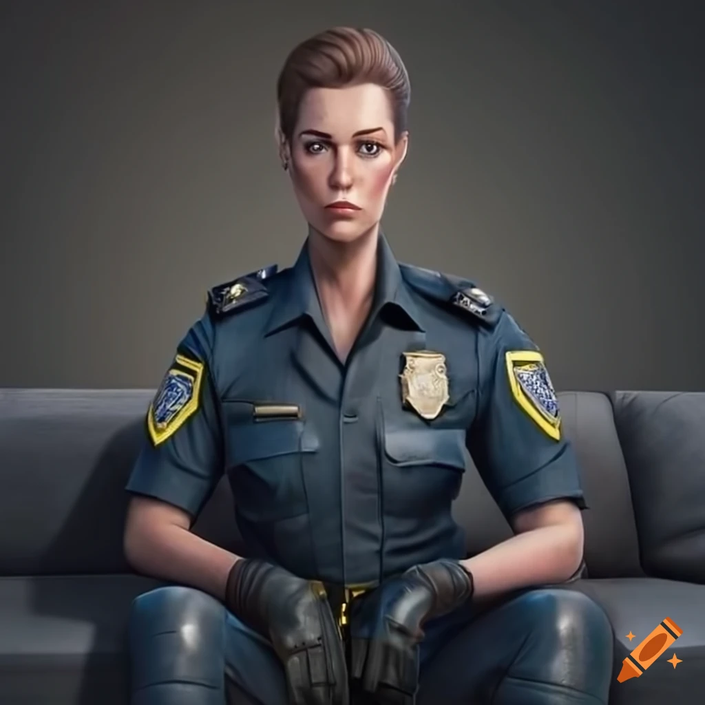 Artistic depiction of a young police officer sitting relaxed on a sofa ...