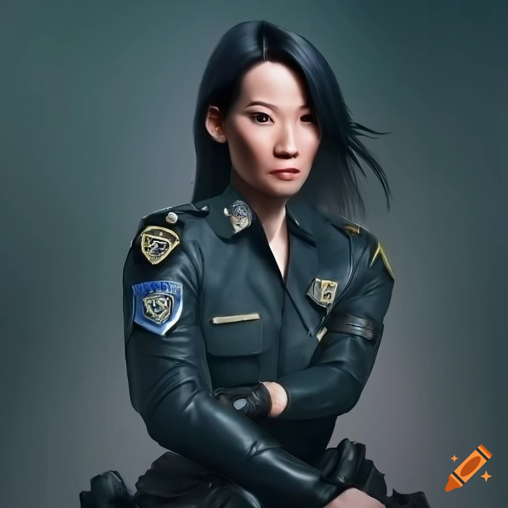 Lucy Liu at age 20 as a police officer sitting on a sofa on Craiyon