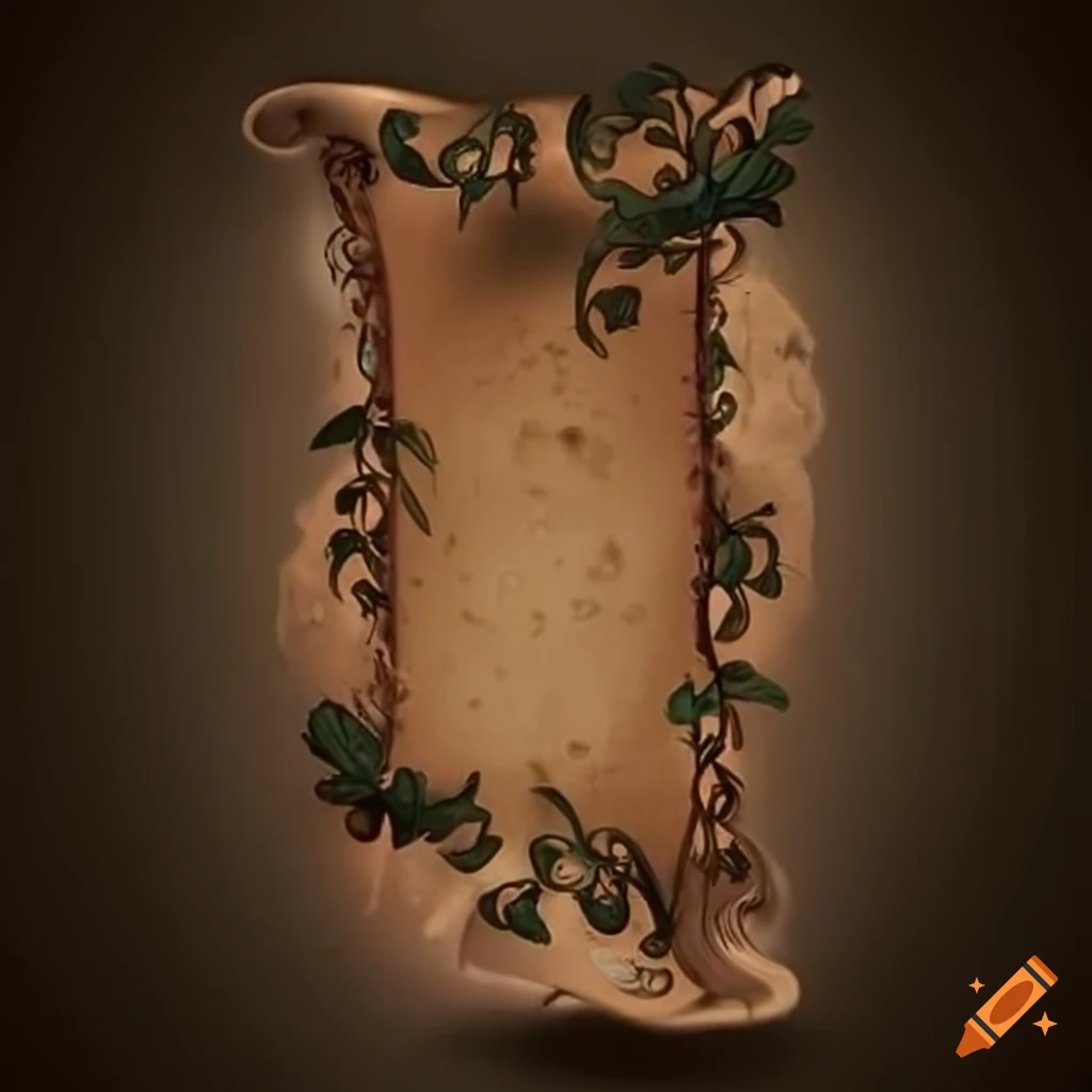 Artistic depiction of an open scroll with winding vines on Craiyon