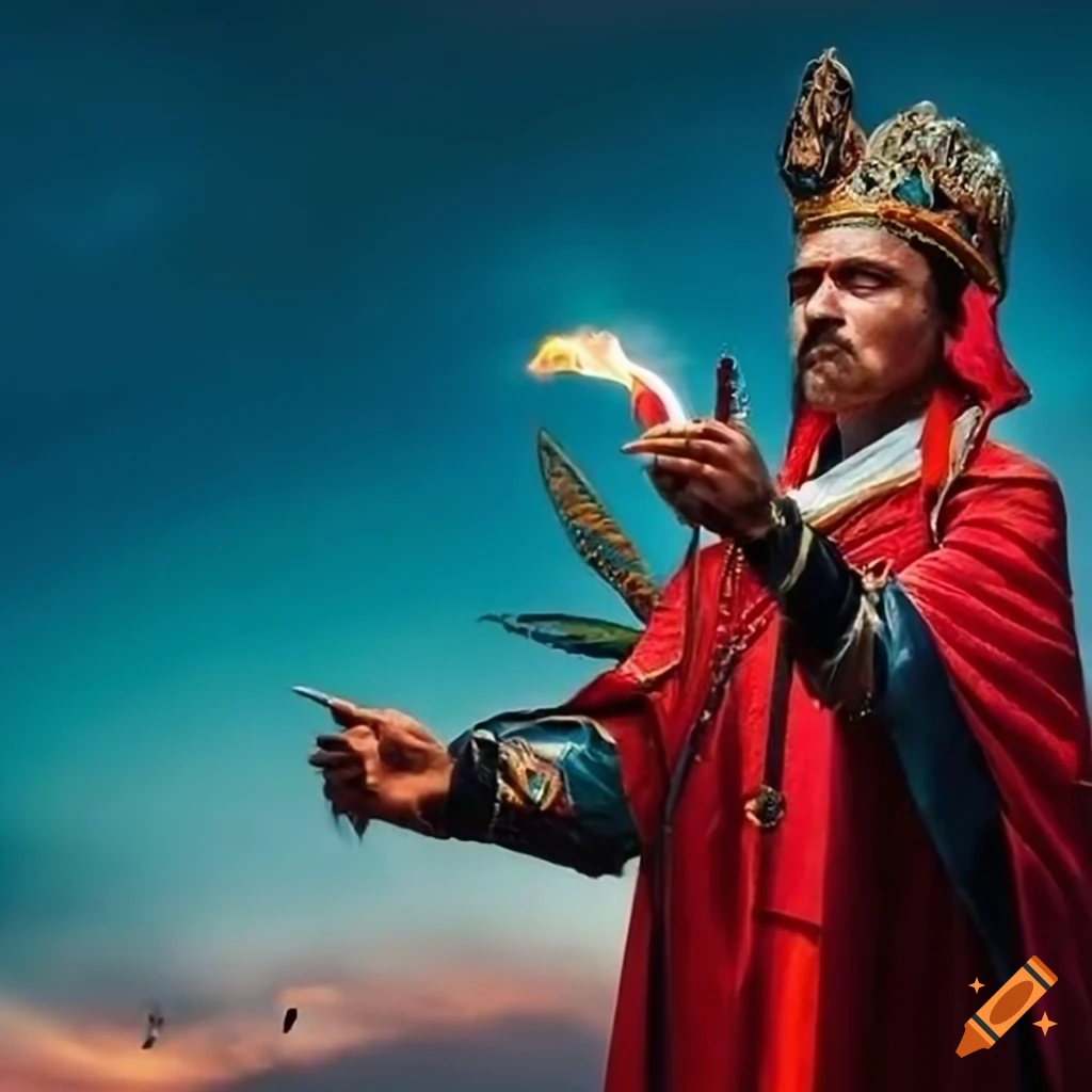 Elegant red-robed priest holding a torch near a temple on Craiyon