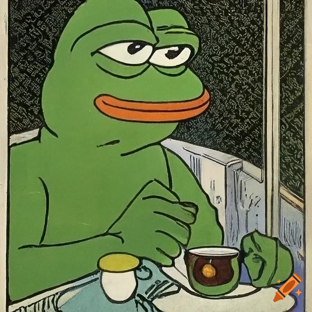 Pepe the frog drinking coffee illustration on Craiyon