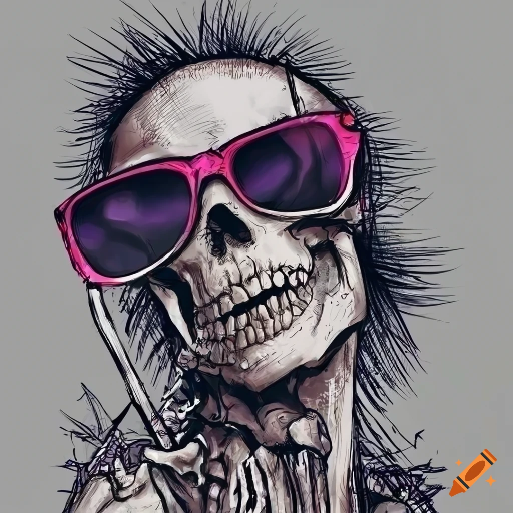 Sketch art of a punk rock skeleton with sunglasses on Craiyon