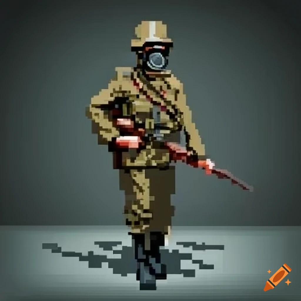 Pixel art of a WW1 soldier with gas mask, sword, and rifle on Craiyon