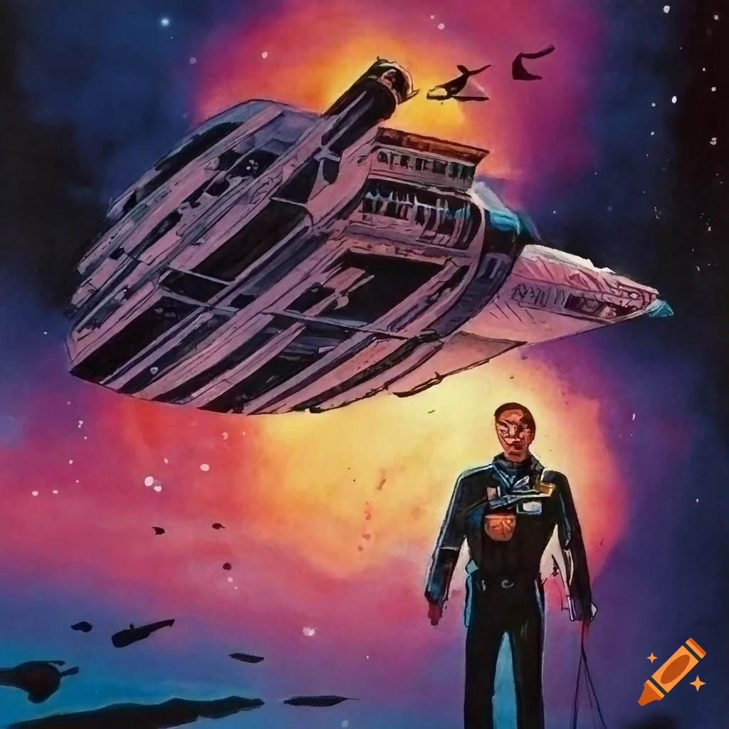 Retro science fiction paperback cover art of a space merchant crew at a ...