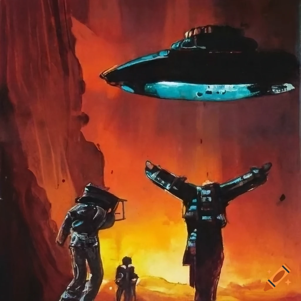 Retro science fiction paperback cover art of a space merchant crew at a ...