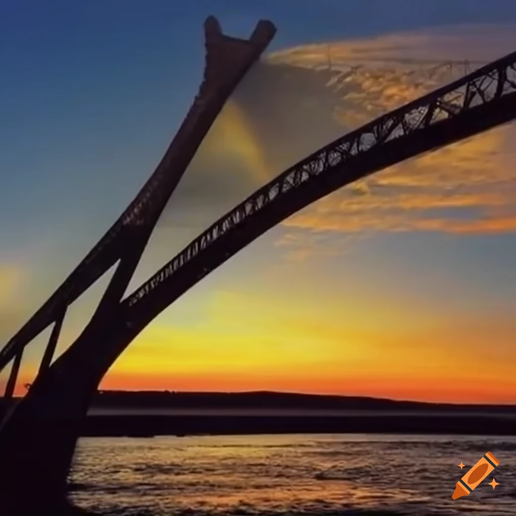 Puente cruzando rio y el sol brillando on Craiyon