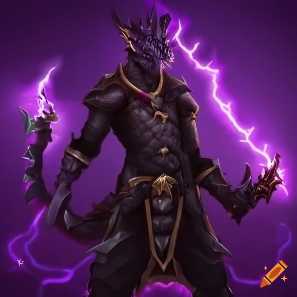 Illustration of a black-skinned dragonborn with purple lightning on Craiyon