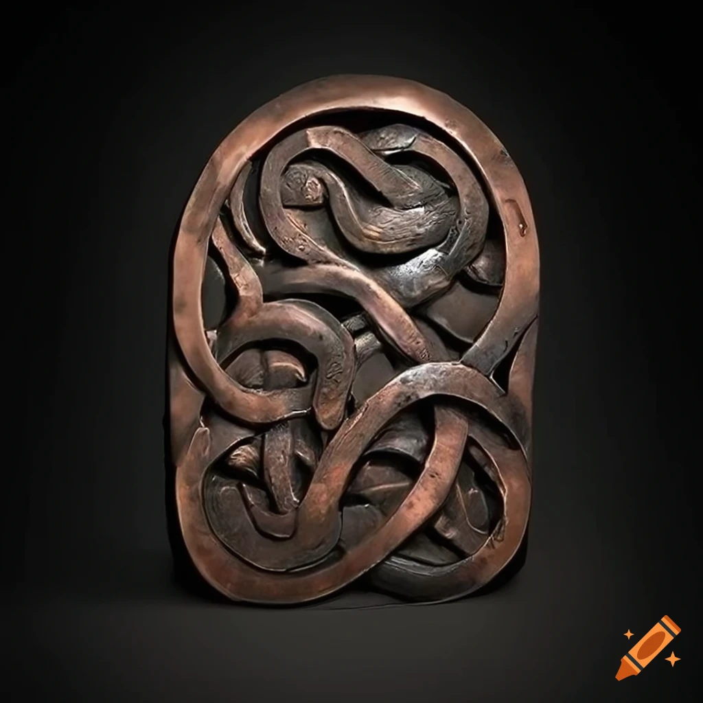 Detailed Viking metalwork in museum display on Craiyon