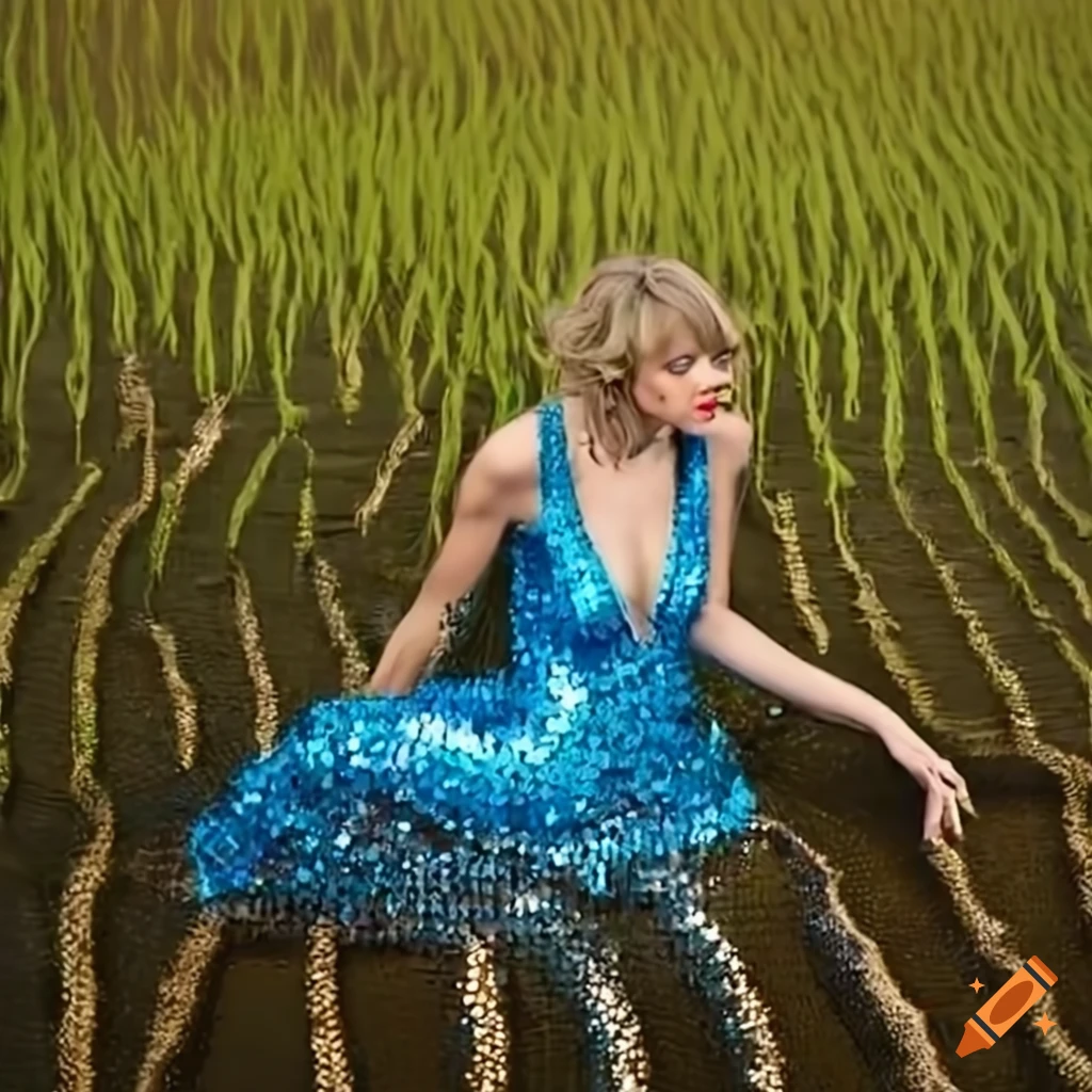 Taylor Swift in blue sequins in a flooded rice paddy on Craiyon