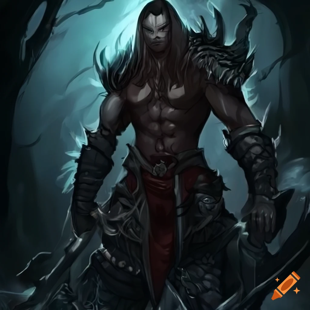 Image of a fierce berserker with black hair and blue eyes on Craiyon