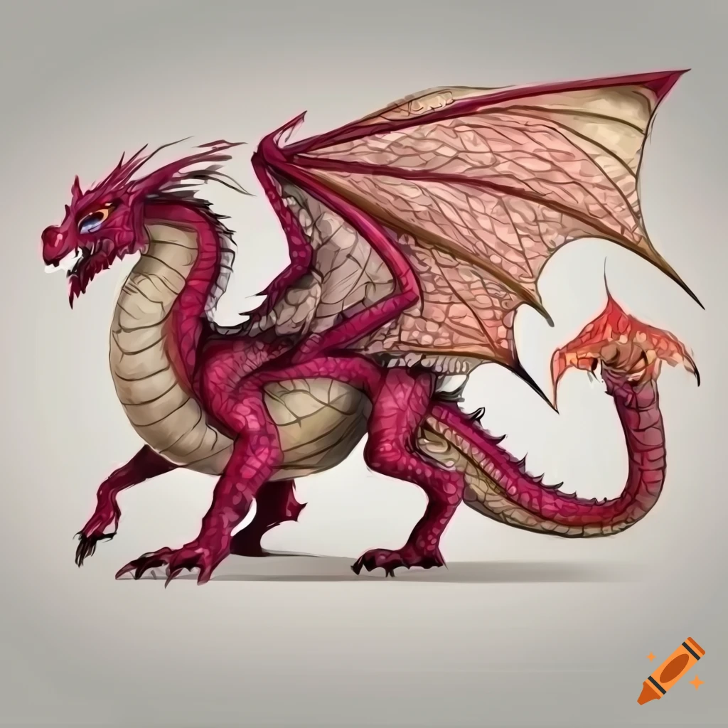 Detailed side view illustration of a dragon with wings and four legs on ...