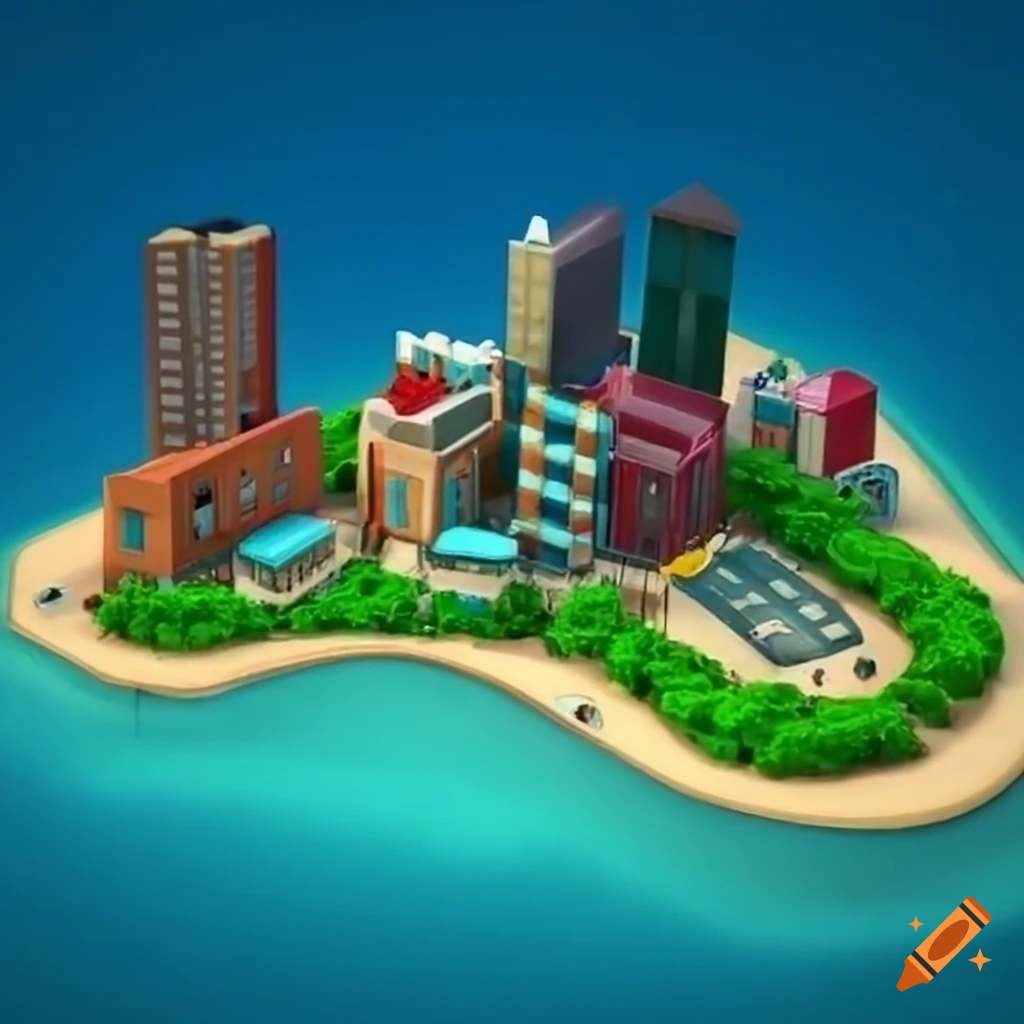 Cartoon depiction of a bustling cityscape on Craiyon