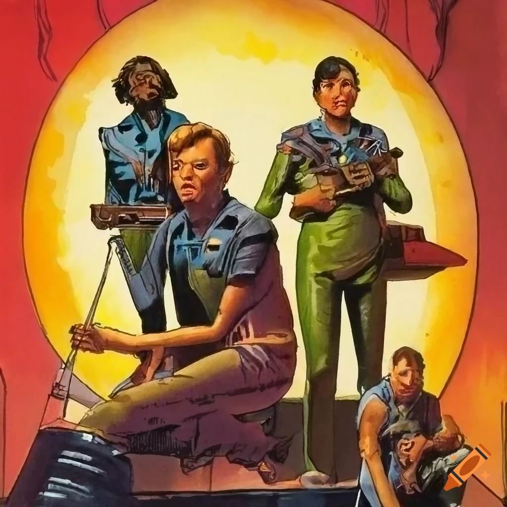Retro science fiction paperback cover art of a space merchant crew at a ...