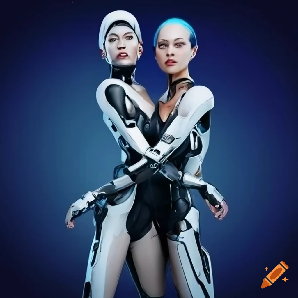 Futuristic illustration of embracing cyborg women on Craiyon