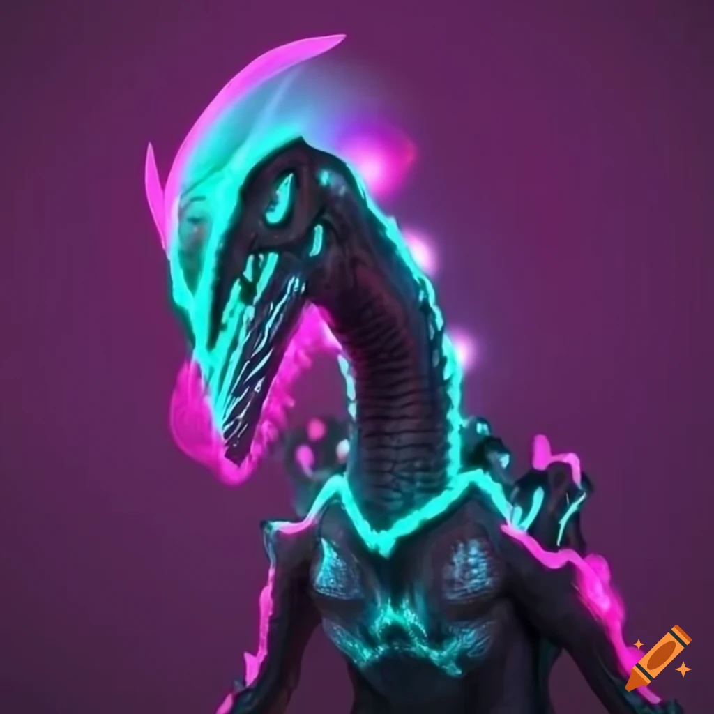 Neon pink velociraptor with dark obsidian armor on Craiyon