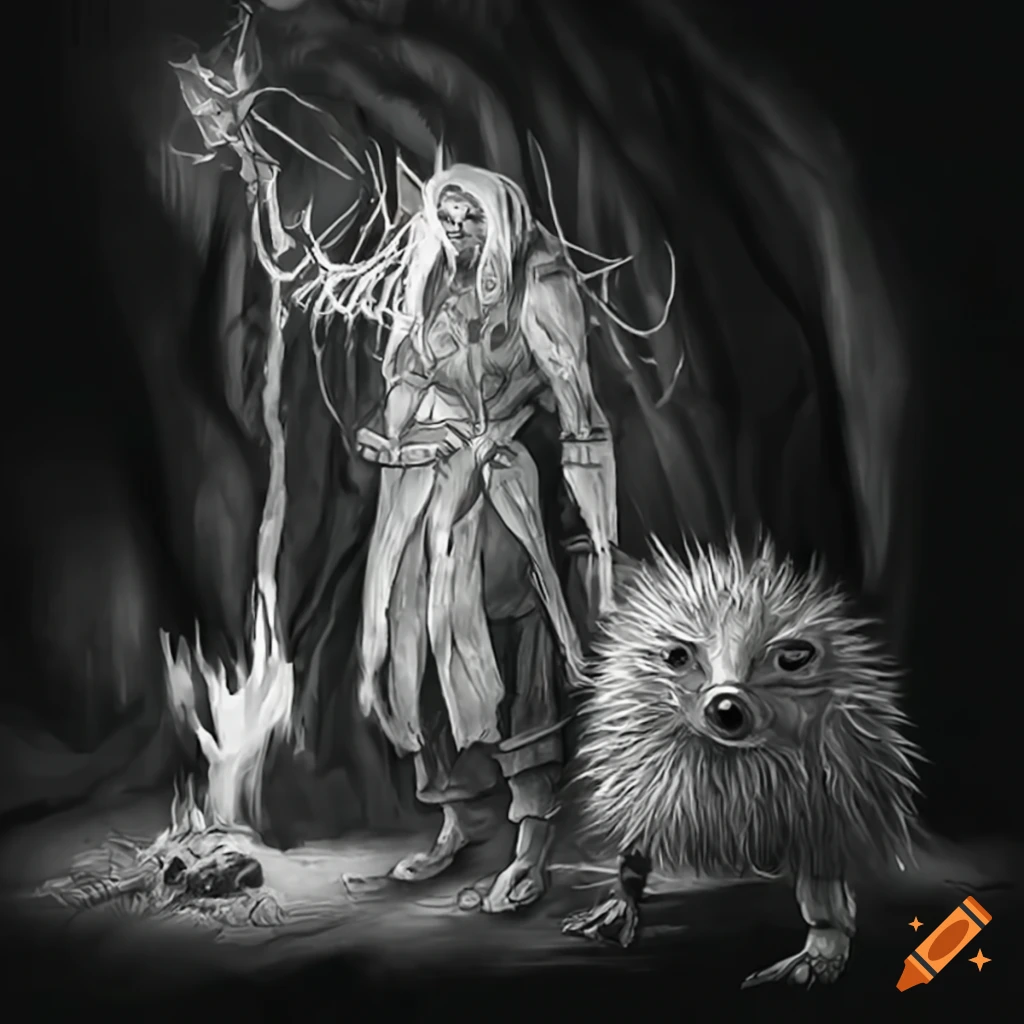 Fantasy illustration of a druid with hedgehogs in an ice cave on Craiyon
