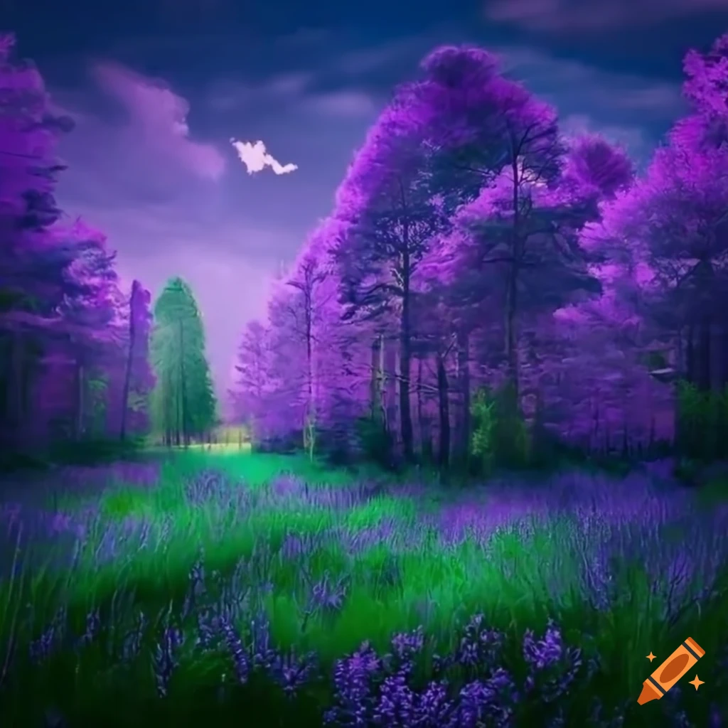 Landscape of a blooming forest clearing with lavender and violets on Craiyon
