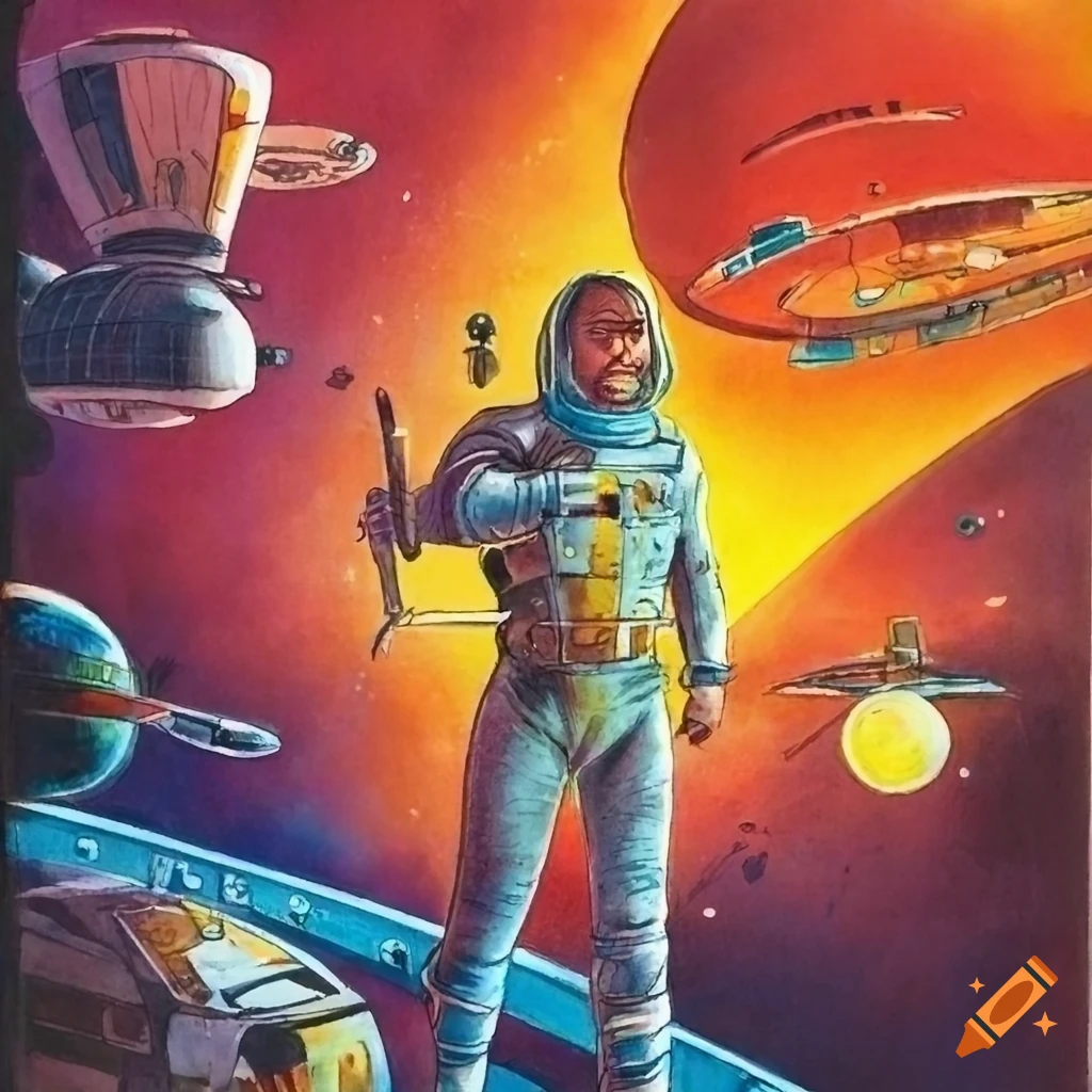 Retro science fiction paperback cover art of a space merchant crew at a ...